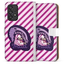 DeinDesign Galaxy A33 5G Handy Klapph&uuml;lle Handyh&uuml;lle aus Kunst Leder wei&szlig; Flip Case Alice In Wonderland Disney Grinning Cat Sideflip mit Lasche