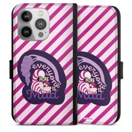 DeinDesign iPhone 14 Pro Handy Klapph&uuml;lle Handyh&uuml;lle aus Kunst Leder schwarz Flip Case Disney Grinning Cat Alice In Wonderland Sideflip mit langer Lasche
