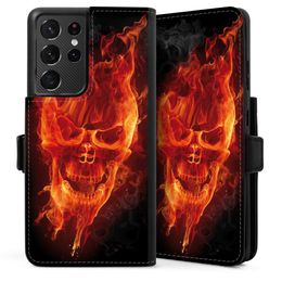 DeinDesign Galaxy S21 Ultra 5G Handy Klapph&uuml;lle Handyh&uuml;lle aus Kunst Leder schwarz Flip Case Totenkopf Skull Fire Sideflip mit Lasche