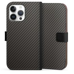 DeinDesign iPhone 14 Pro Max Handy Klapph&uuml;lle Handyh&uuml;lle aus Kunst Leder schwarz Flip Case Carbon Metallic Look Muster Sideflip mit Lasche