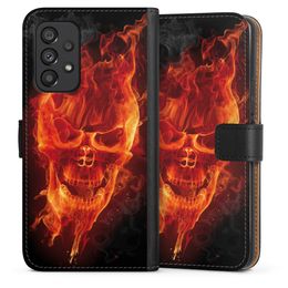 DeinDesign Galaxy A53 5G Handy Klapph&uuml;lle Handyh&uuml;lle aus Kunst Leder schwarz Flip Case Fire Skull Totenkopf Sideflip mit langer Lasche