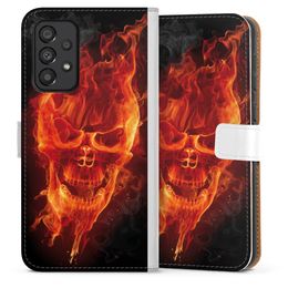 DeinDesign Galaxy A33 5G Handy Klapph&uuml;lle Handyh&uuml;lle aus Kunst Leder wei&szlig; Flip Case Fire Skull Totenkopf Sideflip mit Lasche