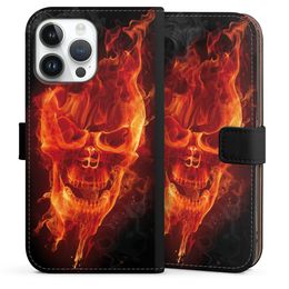 DeinDesign iPhone 14 Pro Max Handy Klapph&uuml;lle Handyh&uuml;lle aus Kunst Leder schwarz Flip Case Totenkopf Skull Fire Sideflip mit Lasche