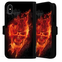 DeinDesign iPhone X Handy Klapph&uuml;lle Handyh&uuml;lle aus Kunst Leder schwarz Flip Case Totenkopf Skull Fire Sideflip mit langer Lasche
