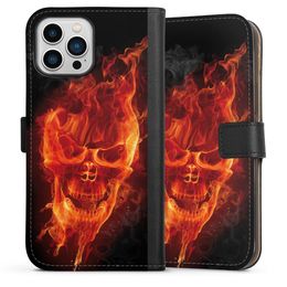 DeinDesign iPhone 13 Pro Max Handy Klapph&uuml;lle Handyh&uuml;lle aus Kunst Leder schwarz Flip Case Totenkopf Skull Fire Sideflip mit langer Lasche