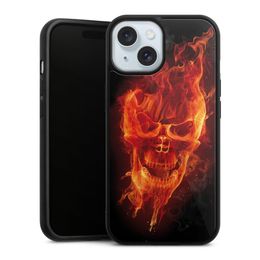 DeinDesign iPhone 15 Handy Gallery Case Handyh&uuml;lle 9H Geh&auml;rtetes Glas R&uuml;ckseite H&uuml;lle Totenkopf Skull Fire Gallery Case