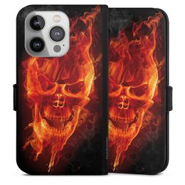 DeinDesign iPhone 14 Pro Handy Klapph&uuml;lle Handyh&uuml;lle aus Kunst Leder schwarz Flip Case Totenkopf Skull Fire Sideflip mit langer Lasche