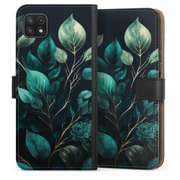 DeinDesign Galaxy A22 5G Handy Klapph&uuml;lle Handyh&uuml;lle aus Kunst Leder schwarz Flip Case Leaves Eukalyptus Black Sideflip mit langer Lasche
