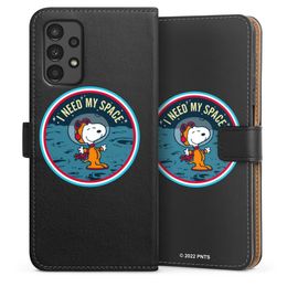 DeinDesign Galaxy A13 4G Handy Klapph&uuml;lle Handyh&uuml;lle aus Kunst Leder schwarz Flip Case Peanuts Snoopy Weltall Sideflip mit langer Lasche