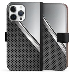 DeinDesign iPhone 14 Pro Max Handy Klapph&uuml;lle Handyh&uuml;lle aus Kunst Leder schwarz Flip Case Steel Metall Carbon Sideflip mit Lasche