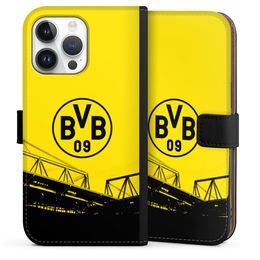 DeinDesign iPhone 14 Pro Max Handy Klapph&uuml;lle Handyh&uuml;lle aus Kunst Leder schwarz Flip Case Merchandise Bvb Borussia Dortmund Sideflip mit Lasche