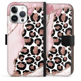 DeinDesign iPhone 14 Pro Max Handy Klapph&uuml;lle Handyh&uuml;lle aus Kunst Leder schwarz Flip Case Leopard Glitzer Marble Sideflip mit Lasche