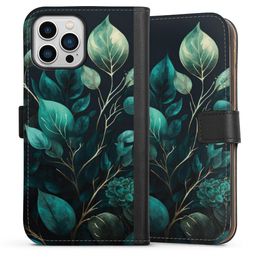 DeinDesign iPhone 13 Pro Max Handy Klapph&uuml;lle Handyh&uuml;lle aus Kunst Leder schwarz Flip Case Eukalyptus Leaves Black Sideflip mit langer Lasche