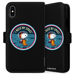 DeinDesign iPhone X Handy Klapph&uuml;lle Handyh&uuml;lle aus Kunst Leder schwarz Flip Case Peanuts Snoopy Weltall Sideflip mit langer Lasche