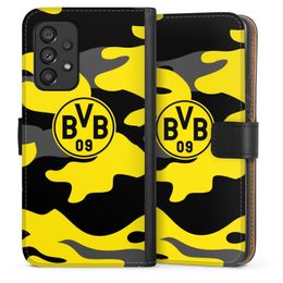 DeinDesign Galaxy A53 5G Handy Klapph&uuml;lle Handyh&uuml;lle aus Kunst Leder schwarz Flip Case Merchandise Bvb Borussia Dortmund Sideflip mit langer Lasche