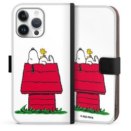 DeinDesign iPhone 14 Pro Max Handy Klapph&uuml;lle Handyh&uuml;lle aus Kunst Leder schwarz Flip Case Snoopy Peanuts Official Licensed Product Sideflip mit Lasche
