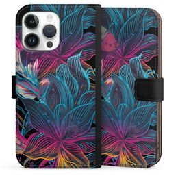 DeinDesign iPhone 14 Pro Max Handy Klapph&uuml;lle Handyh&uuml;lle aus Kunst Leder schwarz Flip Case Colourful Flowers Neon Sideflip mit Lasche