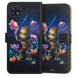 DeinDesign Galaxy A22 5G Handy Klapph&uuml;lle Handyh&uuml;lle aus Kunst Leder schwarz Flip Case Baby Groot Guardians Of The Galaxy Marvel Sideflip mit langer Lasche