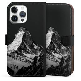 DeinDesign iPhone 14 Pro Max Handy Klapph&uuml;lle Handyh&uuml;lle aus Kunst Leder schwarz Flip Case Mountain Snow Mountain Top Sideflip mit Lasche