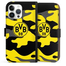 DeinDesign iPhone 14 Pro Max Handy Klapph&uuml;lle Handyh&uuml;lle aus Kunst Leder schwarz Flip Case Borussia Dortmund Merchandise Bvb Sideflip mit Lasche