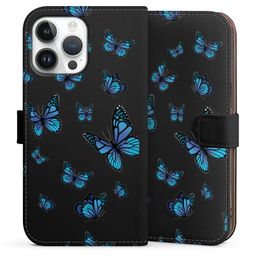 DeinDesign iPhone 14 Pro Max Handy Klapph&uuml;lle Handyh&uuml;lle aus Kunst Leder schwarz Flip Case Transparent Butterfly Muster Sideflip mit Lasche