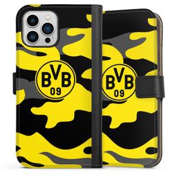 DeinDesign iPhone 13 Pro Max Handy Klapph&uuml;lle Handyh&uuml;lle aus Kunst Leder schwarz Flip Case Borussia Dortmund Merchandise Bvb Sideflip mit langer Lasche