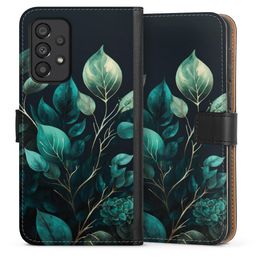 DeinDesign Galaxy A33 5G Handy Klapph&uuml;lle Handyh&uuml;lle aus Kunst Leder schwarz Flip Case Leaves Eukalyptus Black Sideflip mit langer Lasche