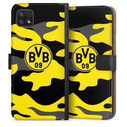 DeinDesign Galaxy A22 5G Handy Klapph&uuml;lle Handyh&uuml;lle aus Kunst Leder schwarz Flip Case Merchandise Bvb Borussia Dortmund Sideflip mit langer Lasche