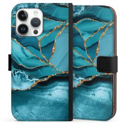 DeinDesign iPhone 14 Pro Max Handy Klapph&uuml;lle Handyh&uuml;lle aus Kunst Leder schwarz Flip Case Marble Gemstone Glitzer Sideflip mit Lasche