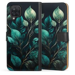 DeinDesign Galaxy A12 Handy Klapph&uuml;lle Handyh&uuml;lle aus Kunst Leder schwarz Flip Case Leaves Eukalyptus Black Sideflip mit langer Lasche