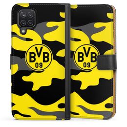 DeinDesign Galaxy A12 Handy Klapph&uuml;lle Handyh&uuml;lle aus Kunst Leder schwarz Flip Case Merchandise Bvb Borussia Dortmund Sideflip mit langer Lasche