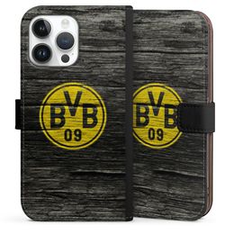 DeinDesign iPhone 14 Pro Max Handy Klapph&uuml;lle Handyh&uuml;lle aus Kunst Leder schwarz Flip Case Wooden Look Bvb Borussia Dortmund Sideflip mit Lasche