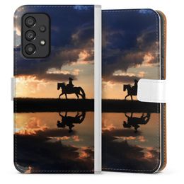 DeinDesign Galaxy A33 5G Handy Klapph&uuml;lle Handyh&uuml;lle aus Kunst Leder wei&szlig; Flip Case Sunset Horse Horseback Riding Sideflip mit Lasche
