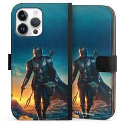 DeinDesign iPhone 14 Pro Max Handy Klapph&uuml;lle Handyh&uuml;lle aus Kunst Leder schwarz Flip Case Star Wars The Mandalorian Sunset Sideflip mit Lasche