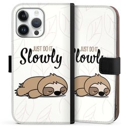 DeinDesign iPhone 14 Pro Max Handy Klapph&uuml;lle Handyh&uuml;lle aus Kunst Leder schwarz Flip Case Animals Sloth Lazy Sunday Sideflip mit Lasche