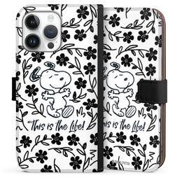 DeinDesign iPhone 14 Pro Max Handy Klapph&uuml;lle Handyh&uuml;lle aus Kunst Leder schwarz Flip Case Peanuts Flowers Snoopy Sideflip mit Lasche