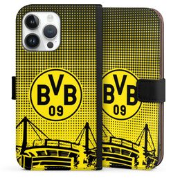 DeinDesign iPhone 14 Pro Max Handy Klapph&uuml;lle Handyh&uuml;lle aus Kunst Leder schwarz Flip Case Bvb Stadium Borussia Dortmund Sideflip mit Lasche