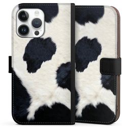 DeinDesign iPhone 14 Pro Max Handy Klapph&uuml;lle Handyh&uuml;lle aus Kunst Leder schwarz Flip Case Animal Look Animal Print Cow Skin Sideflip mit Lasche