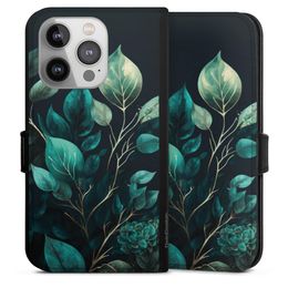 DeinDesign iPhone 14 Pro Handy Klapph&uuml;lle Handyh&uuml;lle aus Kunst Leder schwarz Flip Case Eukalyptus Leaves Black Sideflip mit langer Lasche