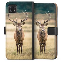 DeinDesign Galaxy A22 5G Handy Klapph&uuml;lle Handyh&uuml;lle aus Kunst Leder schwarz Flip Case Forrest Meadow Deer Sideflip mit langer Lasche