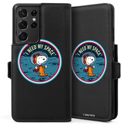DeinDesign Galaxy S21 Ultra 5G Handy Klapph&uuml;lle Handyh&uuml;lle aus Kunst Leder schwarz Flip Case Peanuts Weltall Snoopy Sideflip mit Lasche