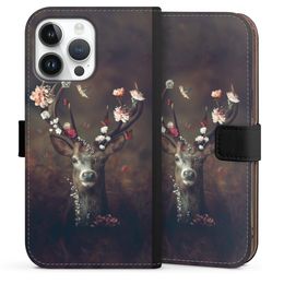 DeinDesign iPhone 14 Pro Max Handy Klapph&uuml;lle Handyh&uuml;lle aus Kunst Leder schwarz Flip Case Reindeer Flowers Rehe Sideflip mit Lasche