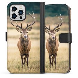 DeinDesign iPhone 13 Pro Max Handy Klapph&uuml;lle Handyh&uuml;lle aus Kunst Leder schwarz Flip Case Forrest Deer Meadow Sideflip mit langer Lasche