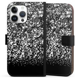 DeinDesign iPhone 14 Pro Max Handy Klapph&uuml;lle Handyh&uuml;lle aus Kunst Leder schwarz Flip Case Muster Snowflake Glitzer Sideflip mit Lasche