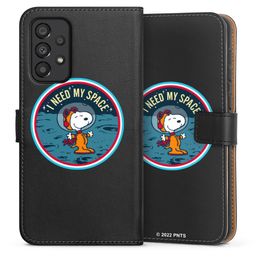 DeinDesign Galaxy A33 5G Handy Klapph&uuml;lle Handyh&uuml;lle aus Kunst Leder schwarz Flip Case Peanuts Snoopy Weltall Sideflip mit langer Lasche