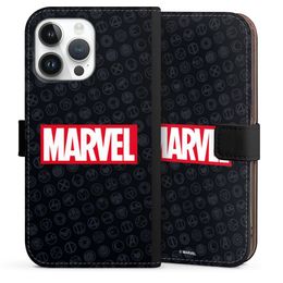 DeinDesign iPhone 14 Pro Max Handy Klapph&uuml;lle Handyh&uuml;lle aus Kunst Leder schwarz Flip Case Logo Marvel Comic Sideflip mit Lasche