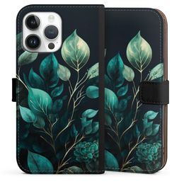 DeinDesign iPhone 14 Pro Max Handy Klapph&uuml;lle Handyh&uuml;lle aus Kunst Leder schwarz Flip Case Eukalyptus Leaves Black Sideflip mit Lasche