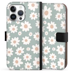 DeinDesign iPhone 14 Pro Max Handy Klapph&uuml;lle Handyh&uuml;lle aus Kunst Leder schwarz Flip Case Daisy Muster Flowers Sideflip mit Lasche