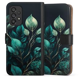 DeinDesign Galaxy A53 5G Handy Klapph&uuml;lle Handyh&uuml;lle aus Kunst Leder schwarz Flip Case Leaves Eukalyptus Black Sideflip mit langer Lasche