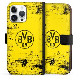 DeinDesign iPhone 14 Pro Max Handy Klapph&uuml;lle Handyh&uuml;lle aus Kunst Leder schwarz Flip Case Bvb Official Licensed Product Borussia Dortmund Sideflip mit Lasche